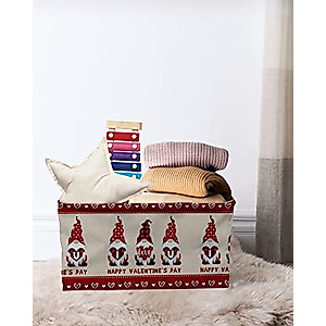 Valentine's Gnomes Storage Basket for Shelves, I Love You Gnomes on Burlap Textured Love Heart Roses Storage Cube Fabric Storage Bins, Closet Organizers with Handles for Book, Toys, 15x11x9.5 Inch
