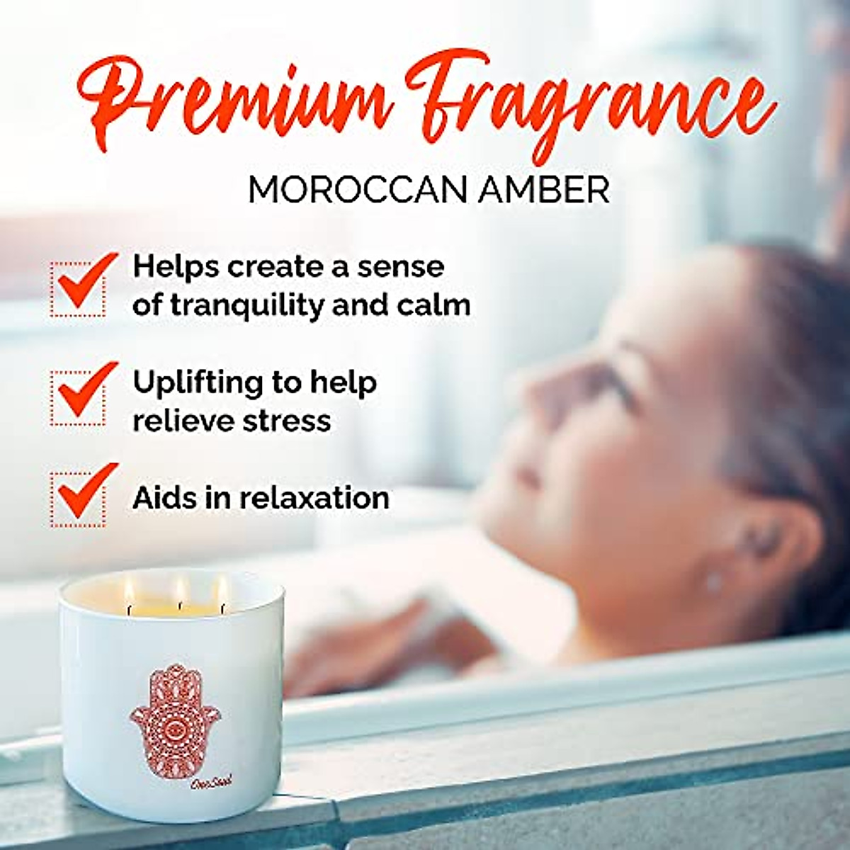 Moroccan Amber Scented Candles with 3 Wicks, Hand-Poured Aromatherapy Candle, Aesthetic Candles with Hamsa Design, Large Candle Made of Palm Wax, 50-Hour Burn Time, 14oz - OneSoul Collection