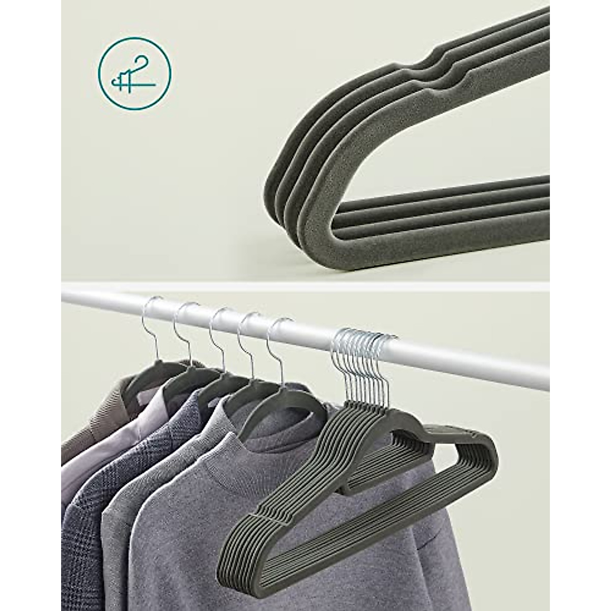 SONGMICS Velvet Hangers, 50 Pack, Ultra Thin Space Saving, Non-Slip Coat Hangers with Tie Organizer, 360 Degree Swivel Hook, Grey CRF50V