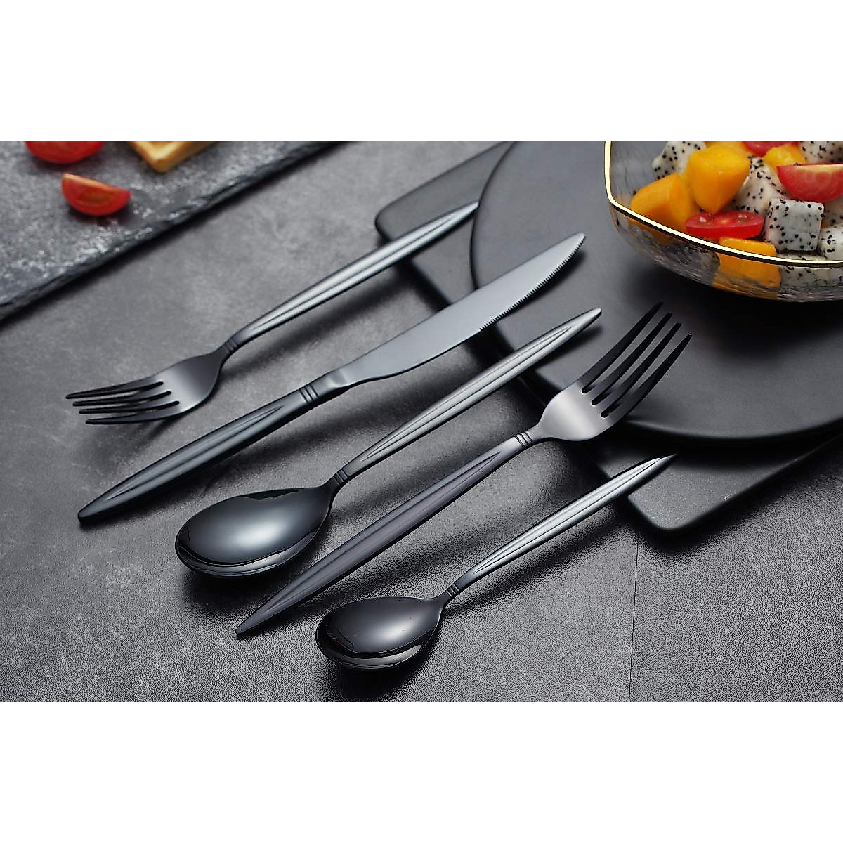 20 Piece Black Silverware Set, Stainless Steel Flatware Set, Titanium Black Cutlery Set, Service Set for 4 (Shiny Black)