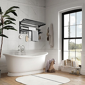 24 Inch Towel Racks for Bathroom Wall Mounted,Foldable Towel Shelf with Towel Bar and Hooks,Space Aluminum Matte Black Towel Rack with Shelf,Rustproof Towel Organizer for Bathroom,Hotel or Balcony