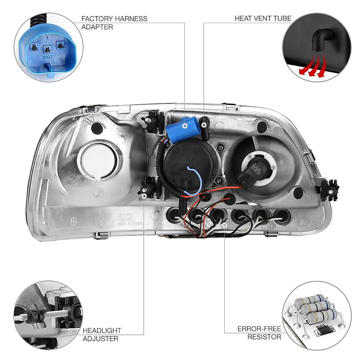 [For 1997-2003 Ford F150 Pickup Truck] LED Halo Ring Chrome Housing Projector Headlight Headlamp Assembly, Driver & Passenger Side