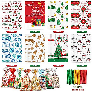 Moretoes Christmas Cellophane Bags 168Pcs Candy Treat Bags with 180Pcs Twist Ties 8 Assorted Styles Candy Bags Santa Claus & Gnome Pattern Snack Goodie Bag for Party Supplies