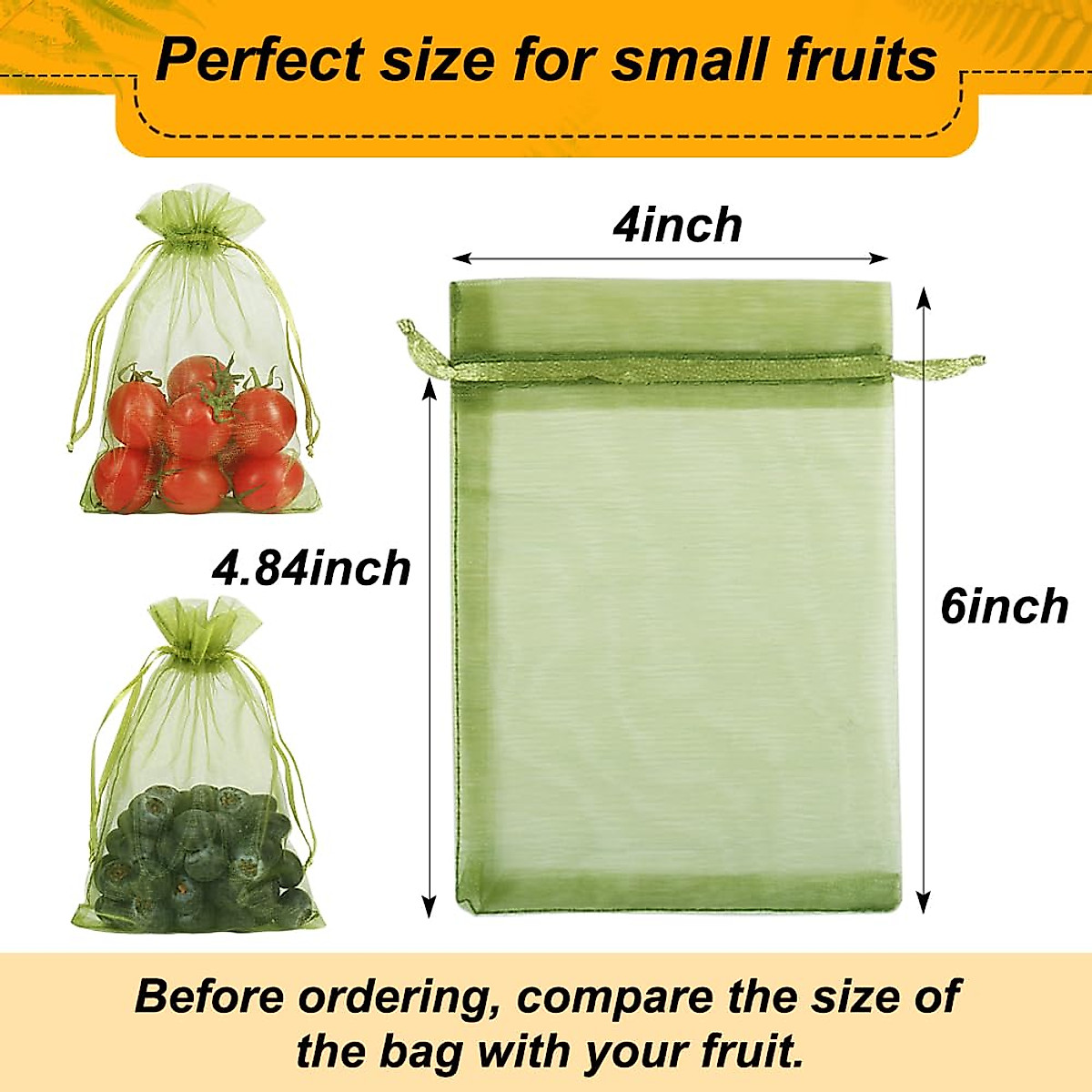 Shintop 100Pcs Fruit Protection Bags, 4x6 Inch Green Fruit Netting Cover Drawstring Mesh Bags Pest Barrier for Strawberry Blueberry Small Fruit