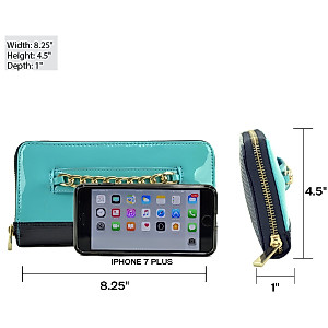 Dasein Gold Tone Chain Vegan Leather Zip Around Wallet Credit Card Purse - 12 Card Slots (8005 Orange)