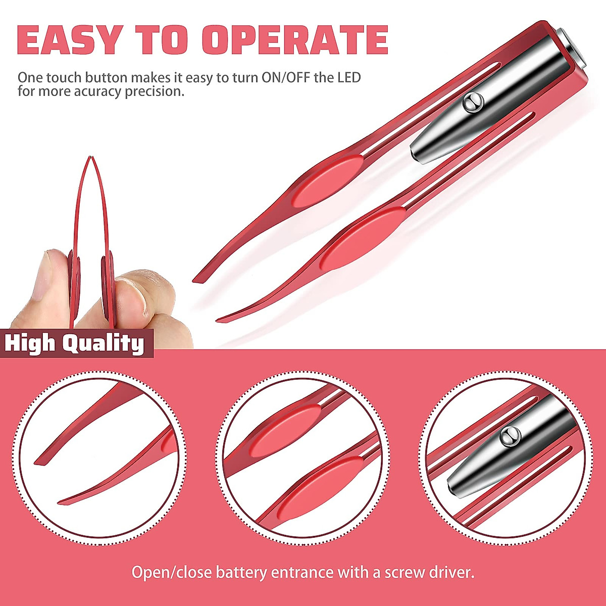 2 Pieces Tweezers with LED Light Hair Removal Lighted Tweezers Makeup Tweezers with Light Tools for Men Women Precision Eyebrow Eyelash Hair Removal Tweezers Stainless Steel Tweezers (Black, Red)