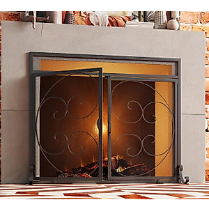 Fire Beauty Fireplace Screen with Magnetic Doors,Large Metal Fireplace Screen for Home,Spark Guard,Decorative Metal Furnace Fireguards,Baby Safe Spark Guard Protector,Black