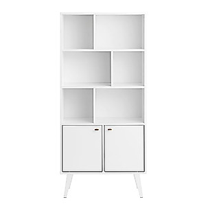 Prepac Milo Mid-Century Modern Bookcase with Six Shelves, Two Doors, and Brushed Brass-Finished Knobs