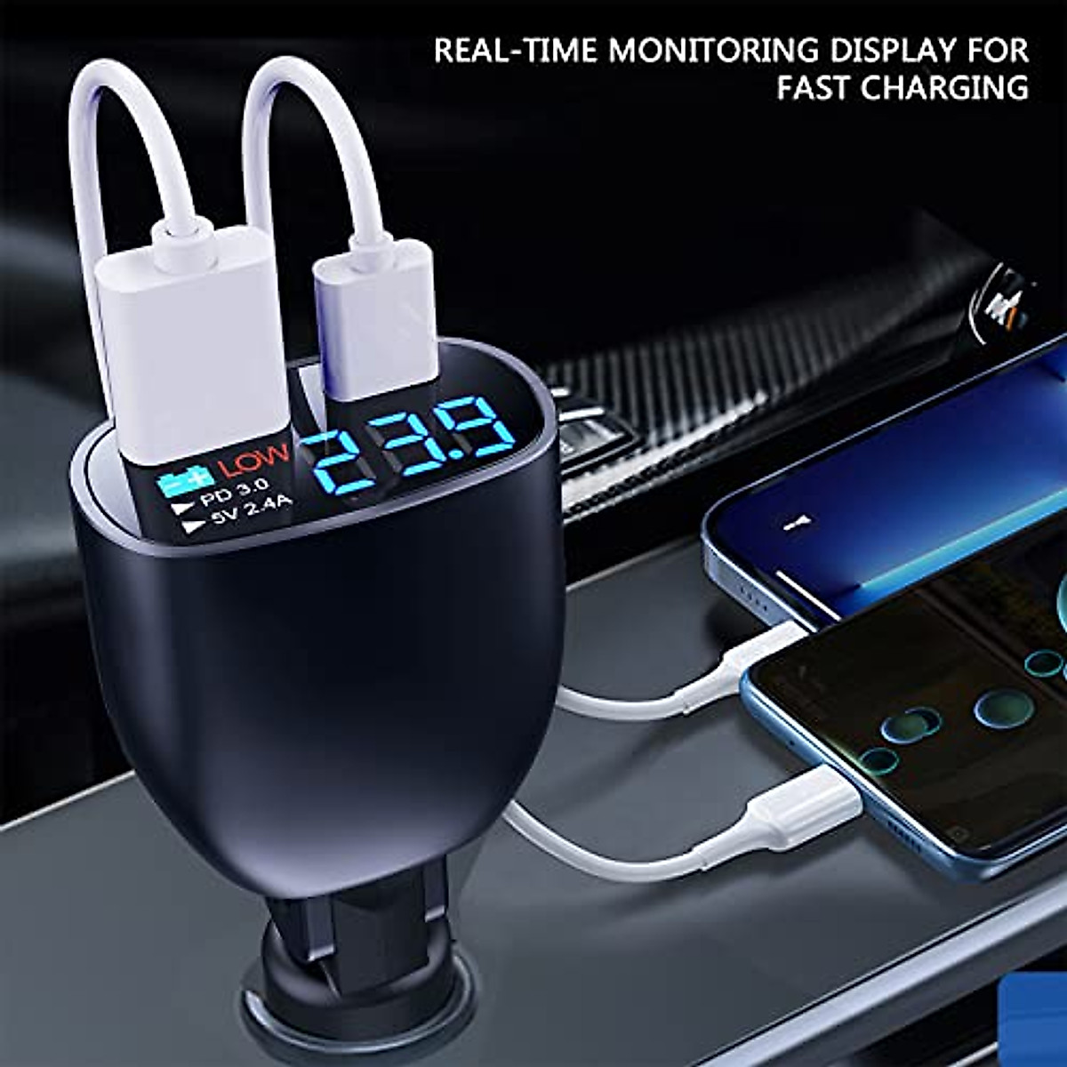 TRONGER USB C Car Charger with Voltage Display 20W PD Fast Car Charger with & USB5V2.4A Adapter, Car Voltmeter Meter Battery Monitor