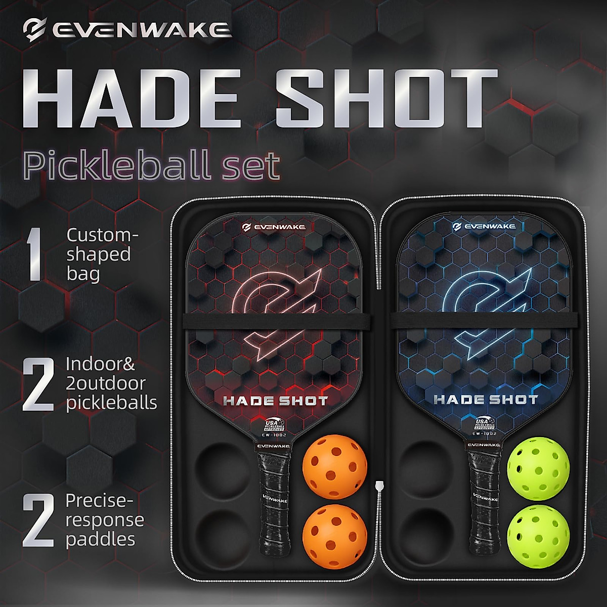 Evenwake Pickleball Paddles Set of 2, T700 Carbon Fiber Face with TPU Edge Guard, USAP Approved Rackets 2 Pack for Beginners&Intermediates, Includes Outdoor&2 Indoor Balls, 1 Customized Bag EW-1002