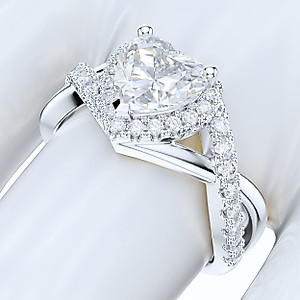 PRSTANI Sterling Silver Split Shank Fancy Infinite Heart Shape Genuine Moissanite Halo Ring Promise Ring Engagement Ring (5.5)