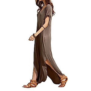Match Women's V-Neck Casual Loose Short Sleeve Long T-Shirt Dress Split Maxi Dress with Side Pocket (152 Khaki, XL)