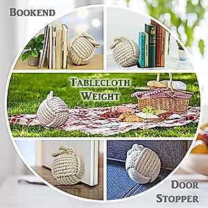 Westcharm 6" Dia. Cream Monkey Fist Rope Knot Door Stopper | Nautical Knot Door Stop | Decorative Tablecloth Weight | Weighted Window Wedge | Coastal Rope Ball Bookend | Sailor's Knot Doorstop - Ivory