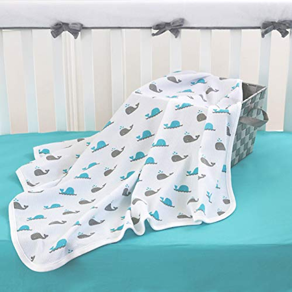 American Baby Company 100% Cotton Thermal Waffle Swaddle Blanket, Soft, Breathable & Stretchy, Aqua Whale, 30" x 40" for Boys and Girls, Perfect for Swaddling, Travel and Gifting