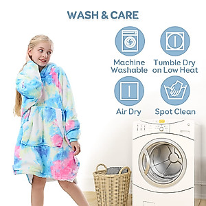 Topblan Blanket Hoodie for Kids Girls Boys Teens, Oversized Flannel & Sherpa Blanket with Hood Pocket and Sleeves, Cozy Warm Hoodie Blanket, Blue Purple