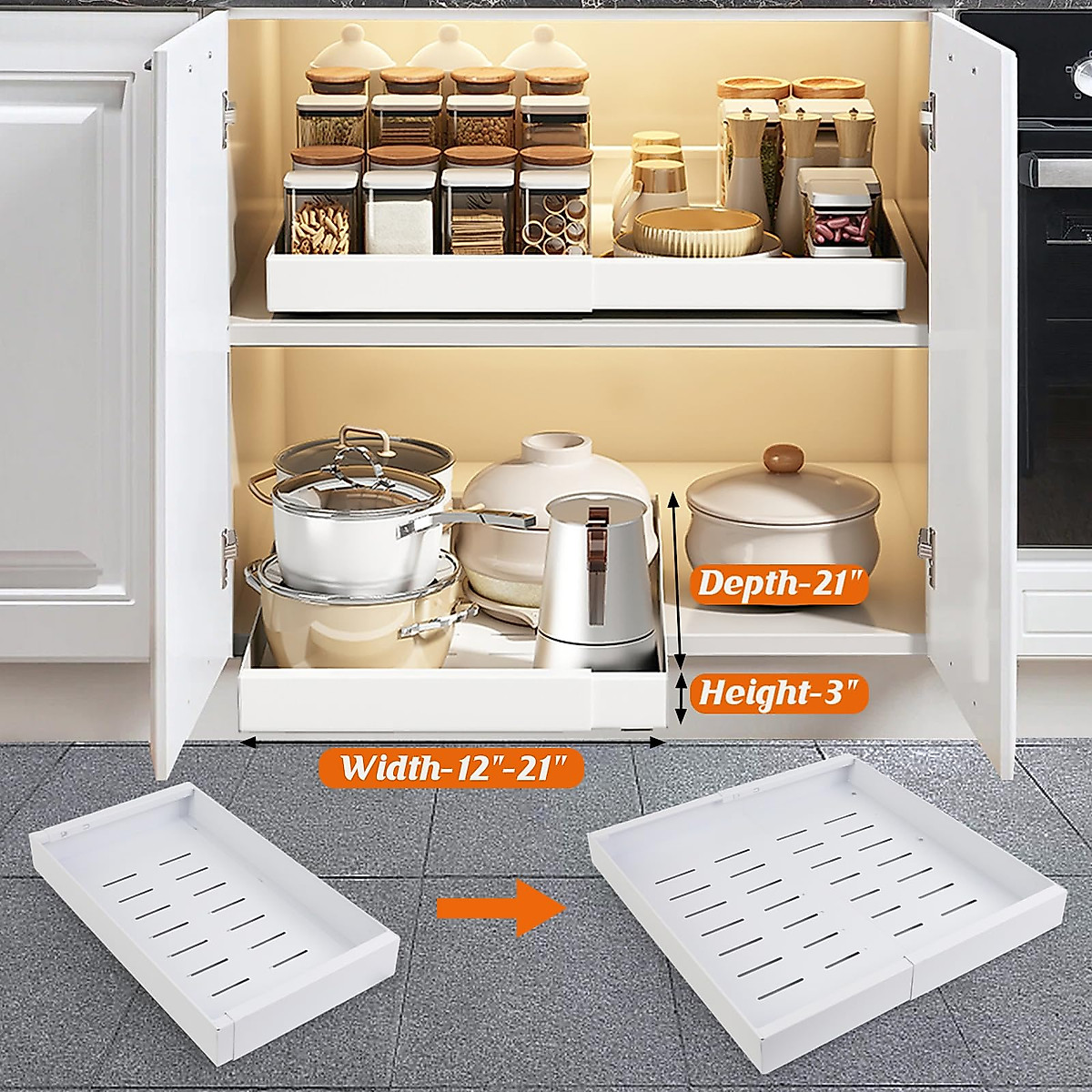 Ancaixin Pull Out Cabinet Organizer, 21" Deep Expandable (12"-21") Pull Out Drawers for Cabinets with Adhesive, Slide Out Drawers Roll Out Shelf for Kitchen, Bathroom, Under Sink Storage(White,2PC)