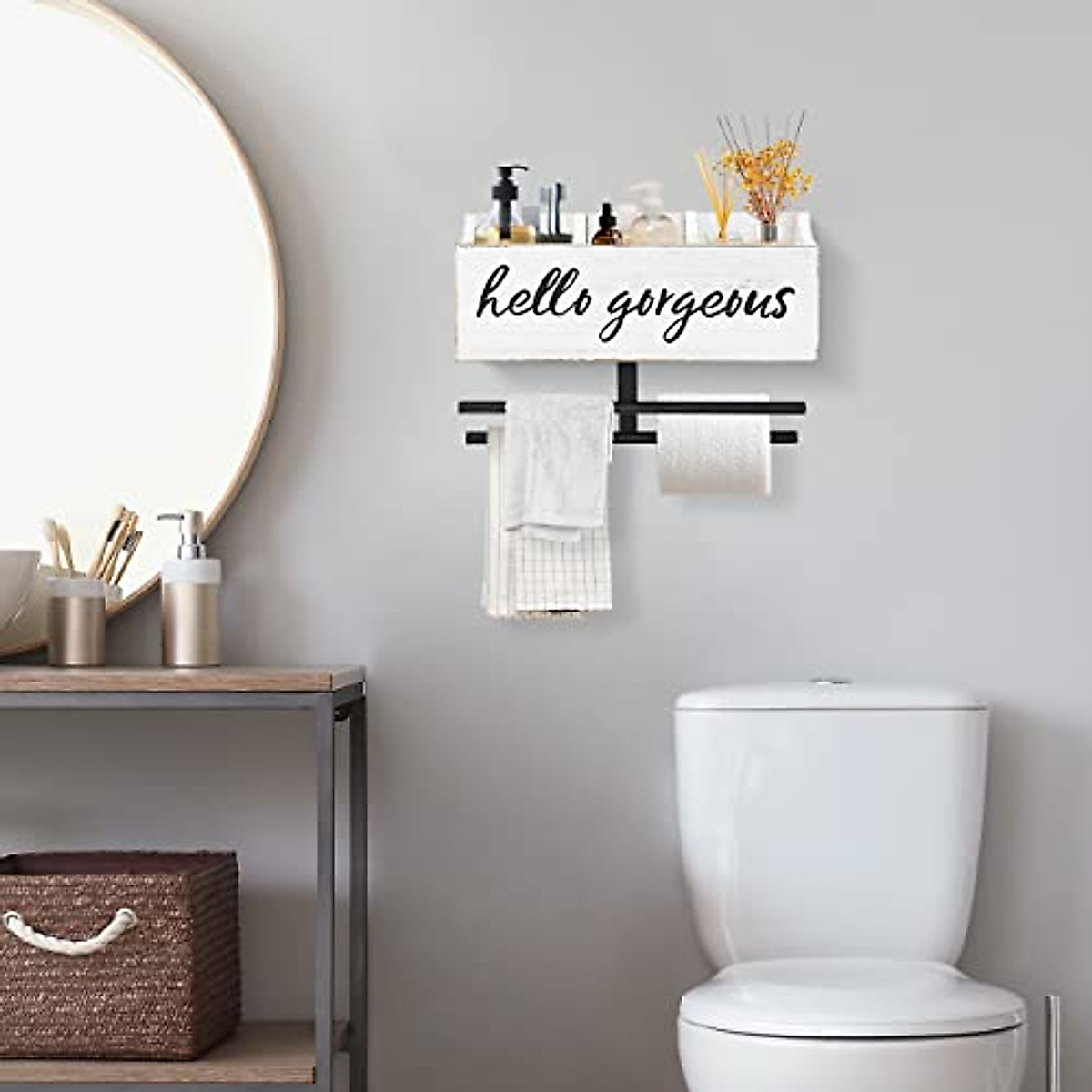 Farmhouse Bathroom Cup Holder,Hair Dryer Holder Wall Mounted, Hair Tools and Styling Organizer with Towel Bar,