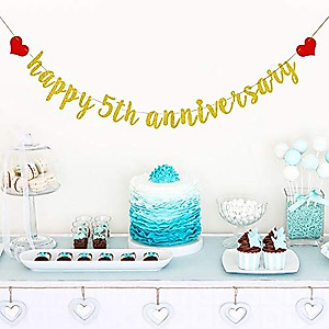 AonBon Gold Happy 5th Anniversary Banner, for 5th Anniversary Party Decoration, 5th Wedding Anniversary Party Decoration Photo Props