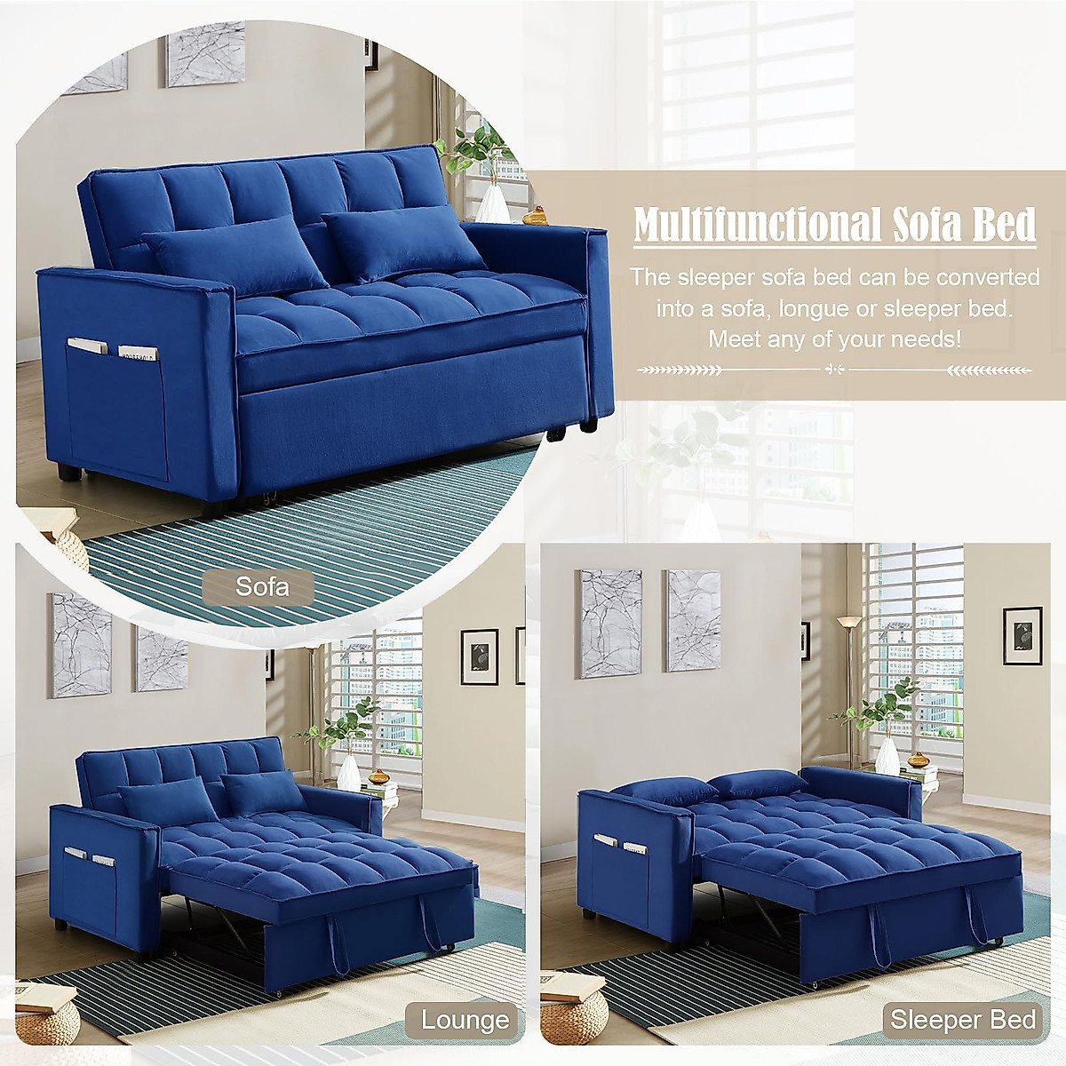 3 in 1 Convertible Sleeper Sofa Couch with Pull Out Bed,55" Velvet Upholstered Futon Sofa Bed,Modern Loveseat Sleeper Chaise with Adjustable Backrest for Living Room, Guest Room, Apartment(Blue)