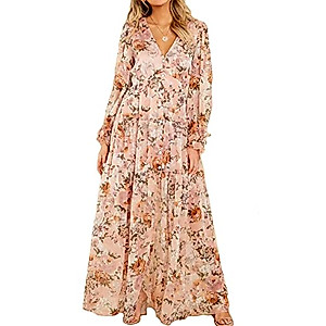 Women's Long Sleeve Floral Maxi Dress V Neck Casual Long Dresses Cocktail Beach Party Maxi Dress Pink