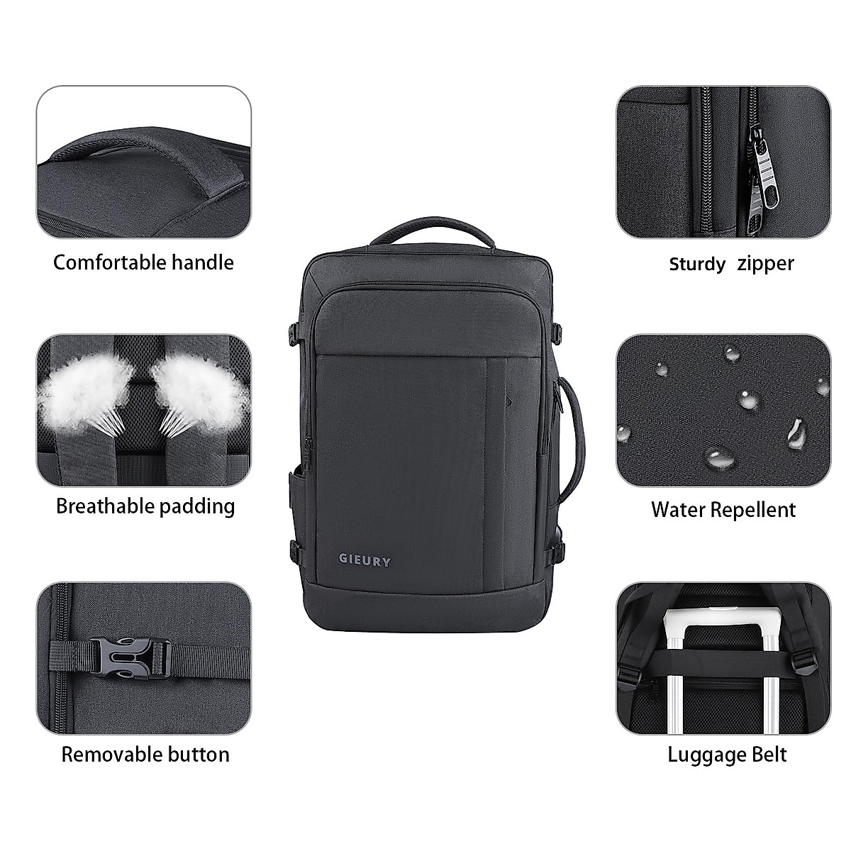 Gieury Carry On Backpack, Expandable Backpack 40L-50L, Flight Approved Large Travel Backpack Laptop Backpack for Men & Women, Large Luggage Backpack Daypack Lightweight Business Weekender Bag, Black