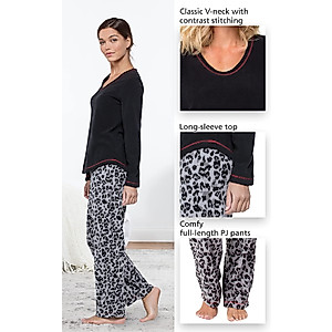 PajamaGram Fleece Womens Pajamas - Winter Pajamas For Women Set Long Sleeve, Pullover Top Pajama Sets for Women 2 piece - Straight Leg Loungewear or Jammies for Woman, Black Leopard, Petite, MD