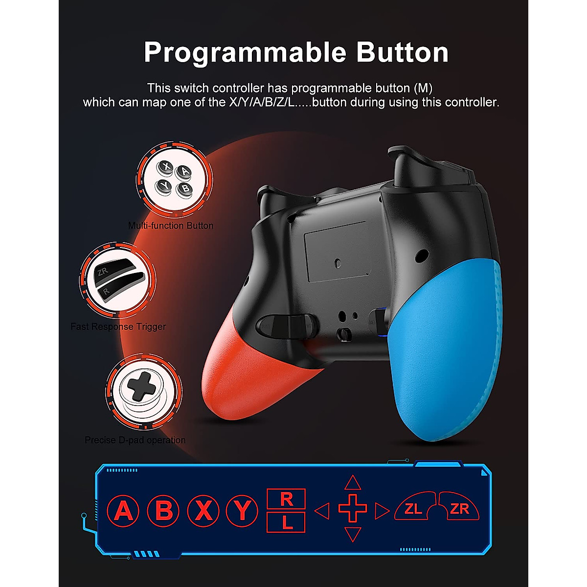 Switch Controller for Nintendo with Wake Up, Bluetooth Gamepad Remote Grip with Macro Motion Vibration Turbo RGB Light, Wireless Pro Controller Joy Con Switch for Kids Gifts - Blue&Red