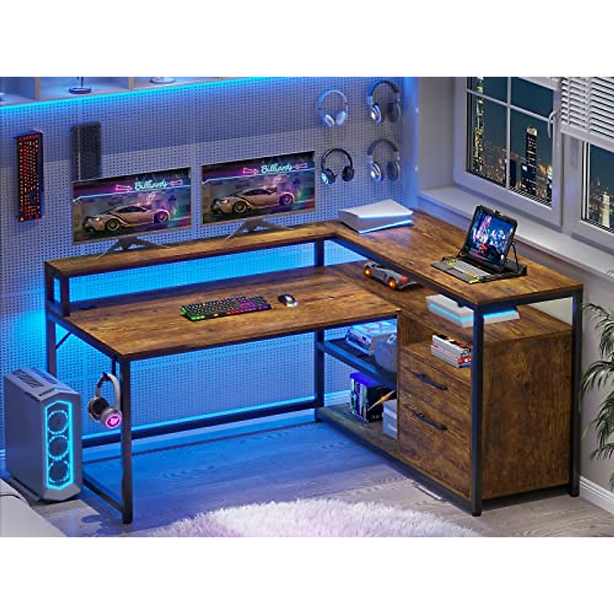 SEDETA L Shaped Computer Desk, 59'' Corner Office Desk, Office Desk with Drawers, Legal/Letter/A4 File Drawers, Headphone Hook and Monitor Shelf, Home Office Desks for Printer, Rustic Brown