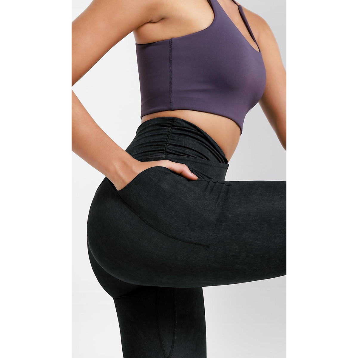 ODODOS Women's Cross Waist 7/8 Yoga Leggings with Pockets, Inseam 25" Gathered Crossover Workout Yoga Pants, Night Rain, Small