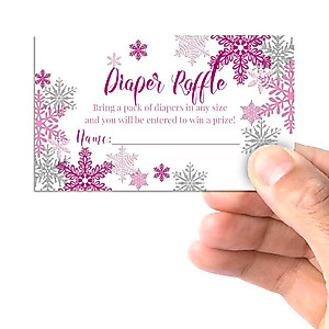 Pink and Silver Snowflake Diaper Raffle Tickets for Girl Baby Showers, 20 2" X 3” Double Sided Insert Cards for Games by AmandaCreation, Bring a Pack of Diapers to Win Favors & Prizes!