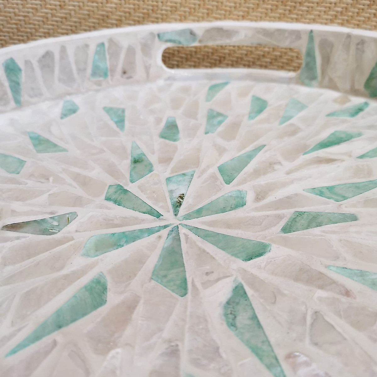 I-lan 12 Inch Round Beige Blue Mother of Pearl Severing Tray with Handle and 2 Inch Side, Lacquer Wooden Shell Decorative Tray, Gorgeous Inlay Nacre Ottoman Tray for Food, Breakfast, Coffee Table, S