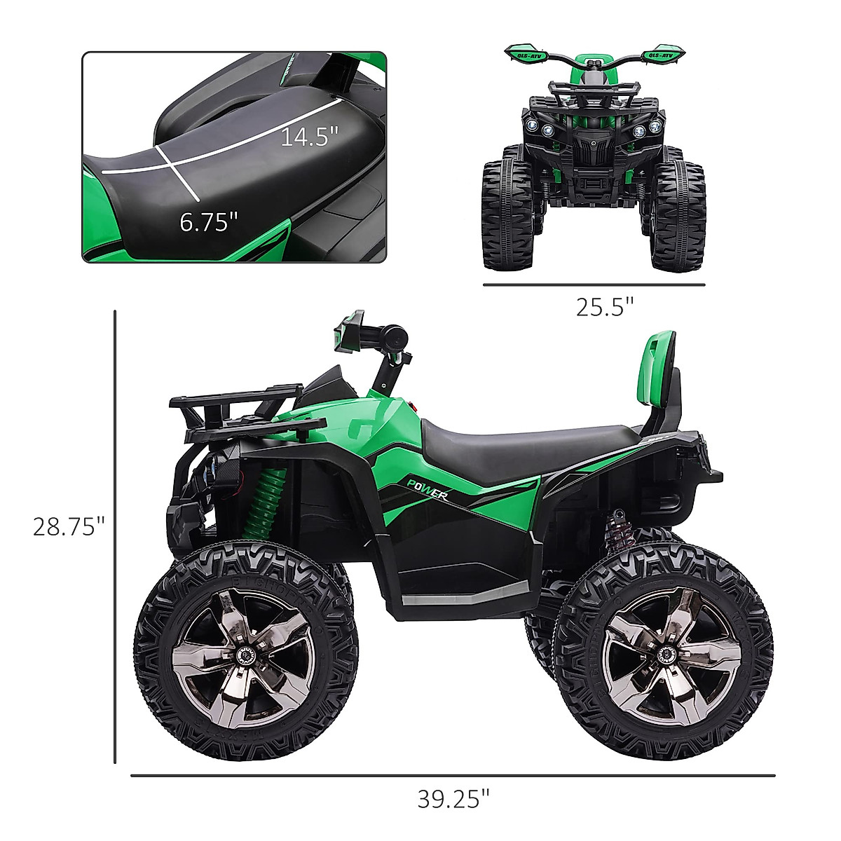 Aosom 12V Kids 4 Wheeler, Ride on ATV for Kids with Music, Realistic Headlights & Wide Wheels, Toddler Quad for Boys and Girls, Green