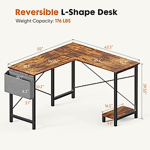 Sweetcrispy L Shaped Computer Desk - Gaming Table Corner Desk 50 Inch PC Writing Desk Study Desks with Wooden Desktop CPU Stand Side Bag Reversible for Home Office Dorm Small Space, Rustic
