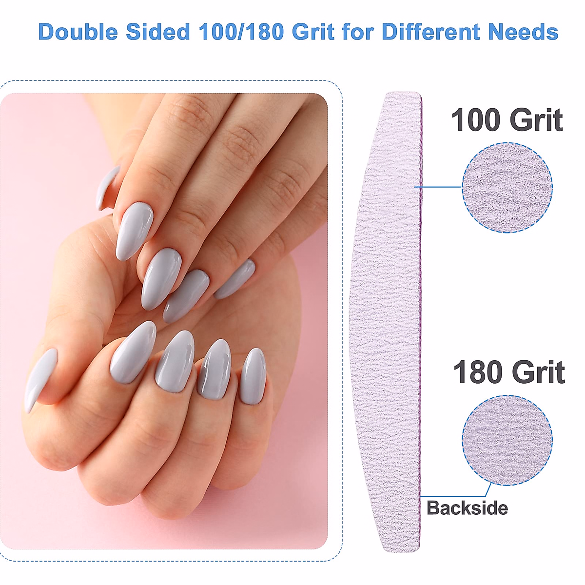 Nail Files (100 Pcs), 100/180 Grit Nail File Emery Board Bulk for Acrylic Nails and Natural Nails, Limas para Unas Acrilicas Profesional Pack Filers for Gel Nail Double Sided Manicure Curved Gray