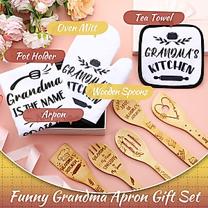 Leyndo 10 Pcs Grandma Gifts Set Including Grandma Apron Grandmother Tea Towel Tea Spoon Pot Holders Oven Mitt Bamboo Kitchen Cooking Spatula for Women Baking