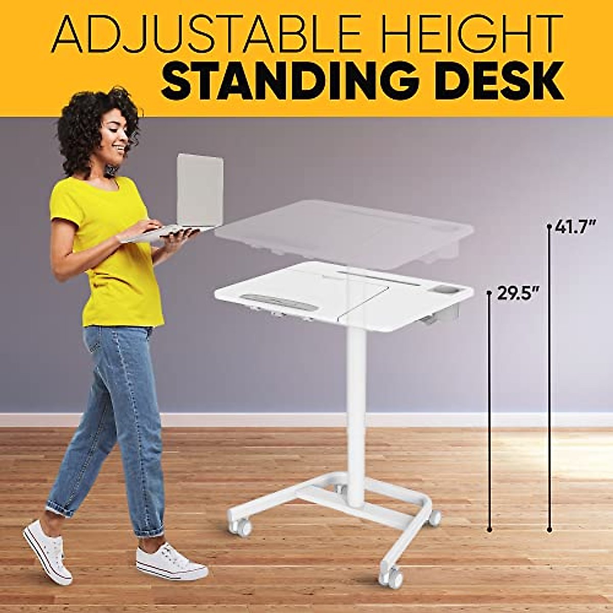 Mobile Adjustable Height Standing Desk - Rolling Laptop Desk Pneumatic Height Adjustable - Portable Workstation Computer Table Stand - Mini Standing Desk for Small Office Spaces