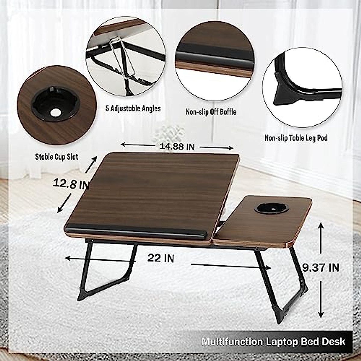Laptop Desk for Bed, Bed Table for Laptop, Laptop Stand for Desk, Folding Laptop Lap Desk with 5 Adjustable Angles, Bed Tray with Cup Holder, TV Tray Table for Eating Reading Working on Bed Couch Sofa