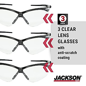 Jackson Safety SG Glasses Anti-Scratch Clear Lenses with Black Frame (Pack of 3), 50000
