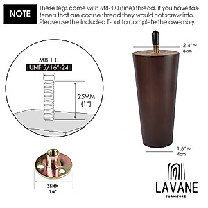 La Vane 6 inch / 15cm Wooden Furniture Legs, Set of 4 Walnut Solid Wood Tapered M8 Furniture Replacement Feet with Pre-Drilled 5/16 Inch Bolt & Mounting Plate & Screws for Sofa Chair Couch Ottoman