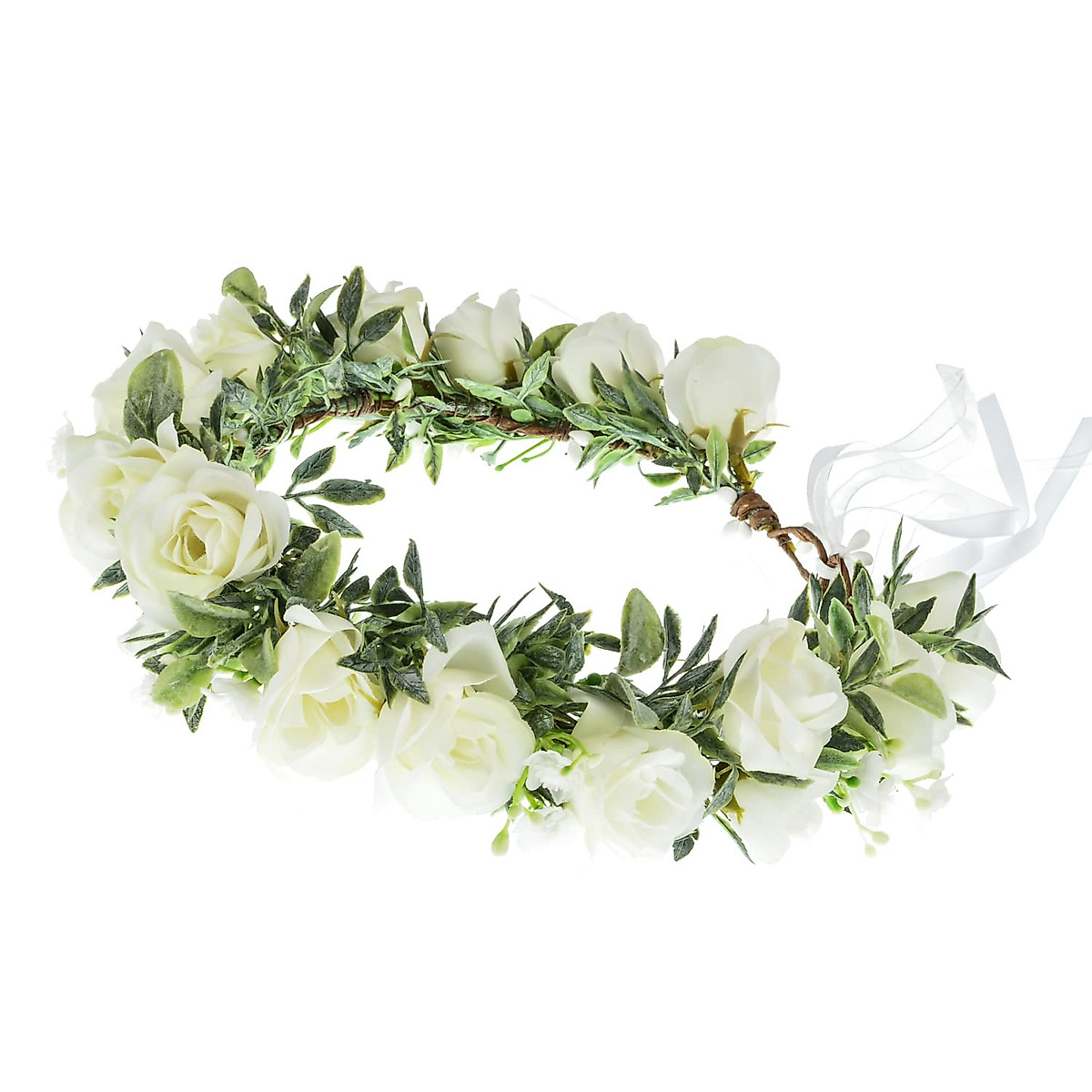 Funsveta Floral Headpiece Garland Halo Maternity Photo Shoot Flower Crown Eucalyptus Leave Headband Wedding Headpiece (Green Leaf and White)