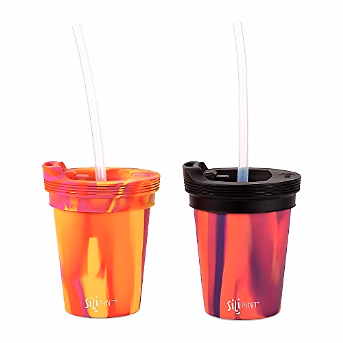 Silipint Silicone Kids’ Cups with Lids and Straws, Unbreakable, Durable, Safe, and Fun Silicone Kids’ Tumblers, Radberry & Sunfire Smash, Pack of 2