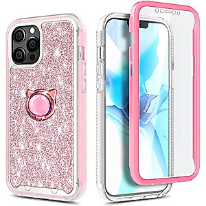 NZND Case for iPhone 11 with Built-in Screen Protector (6.1 inch, 2019) Ring Holder/Wrist Strap, Full-Body Protective Shockproof Rugged Bumper Cover, Impact Resist Durable Case (Glitter Rose Gold)