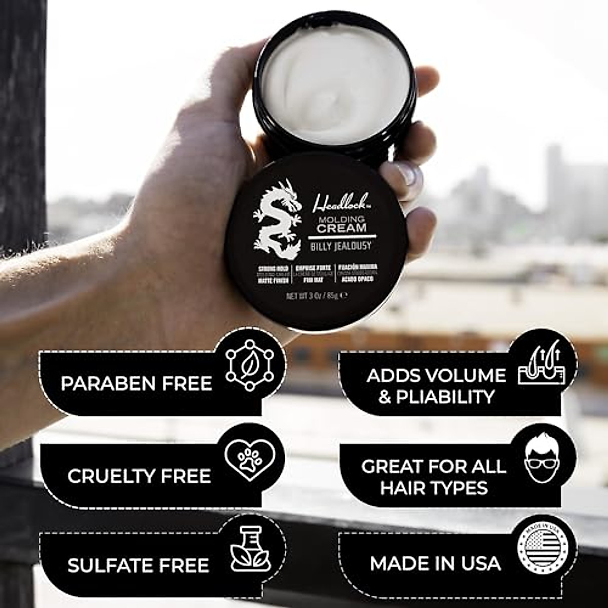 Billy Jealousy Headlock Hair Molding Cream, Hair Styling Cream for Men with Strong All-Day Hold, Natural Matte Finish Hair Cream for All Lengths, 3 Ounce