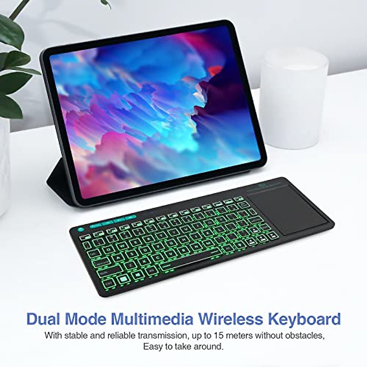 (Dual Mode) Rii RT518S Wireless and Bluetooth 2-LED Color Backlit Multimedia Keyboard with Multi-Touch Big Size Trackpad,Rechargable Keyboard for Android TV Box,PC,Tablets,Smart TV, HTPC, IPTV,Windows