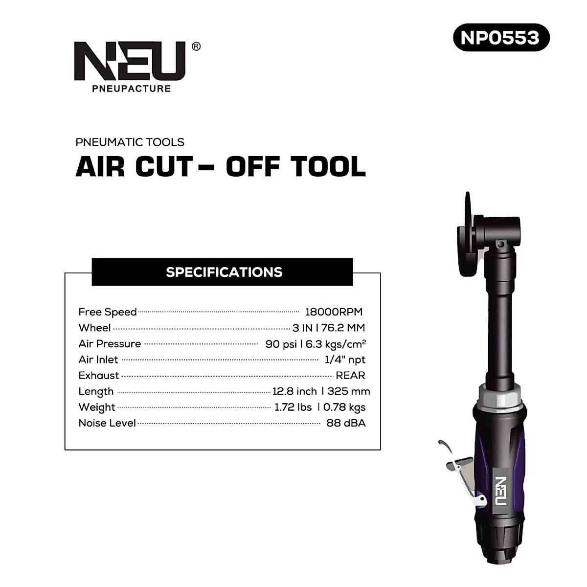 Air Cut off Tool,PNEUPACTURE 3 inch Cut off Tool,18000RPM,360-degree guard,Extended Handle, Apply to Cutting Various Materials