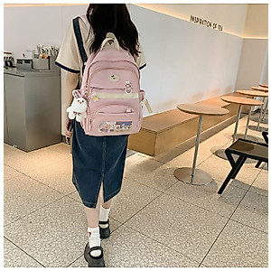 Kawaii Backpack with Cute Pins Bunny Plush Pendant, Aesthetic School Bags Bookbag, Lovely Japanese Ita Bag Daypack (Pink)