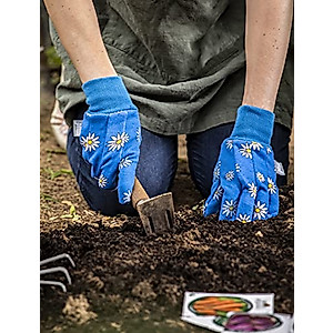 MUD Basic Women's PVC Dotted Palm And Daisy Printed Jersey Garden Glove, Extreme Comfort, Excellent Grip, Durable Wear, Blue, Medium/Large (M61001B-WML),MD61001B-WML