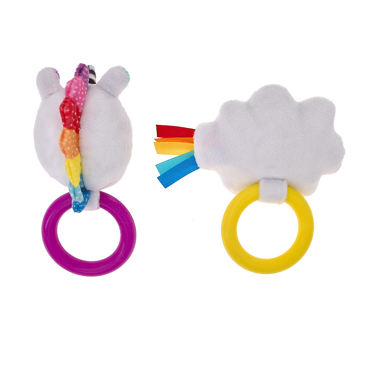 NoJo Sassy Baby Ulbright Unicorn and Cloud Multi-Colored Developmental Plush Teether Rings Two Pack with Rattle and Chime