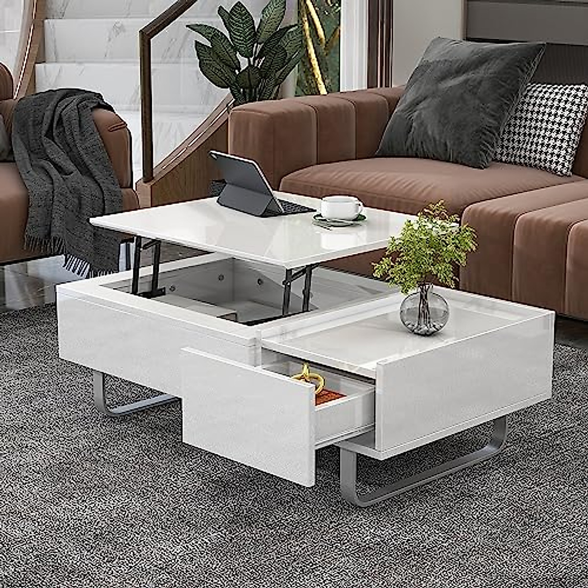 Merax Multi-Functional Coffee Table with Lifted Tabletop and Metal Frame Legs, High-Gloss Surface, for Living Room, 45.3 inch Length, White