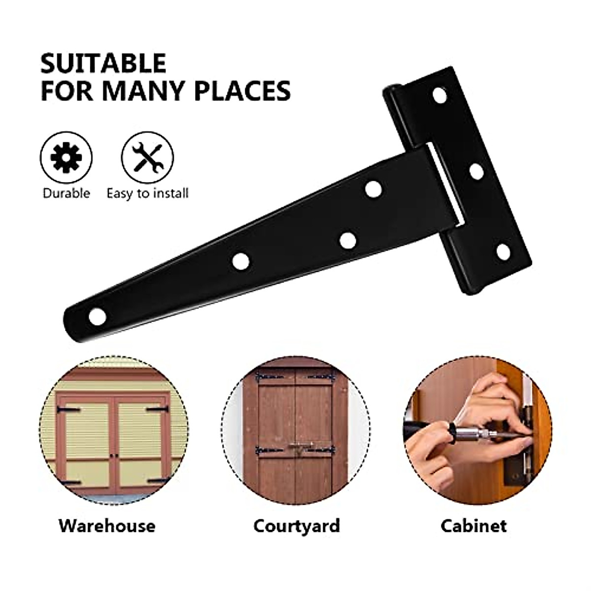 Garden Gate Hinges,Tee Shed Hinge, 6 X 5 Inch Heavy Duty Hinges Black Iron T-Shaped Triangle Hinges Shed Wood Fence Door Hinges Hardware